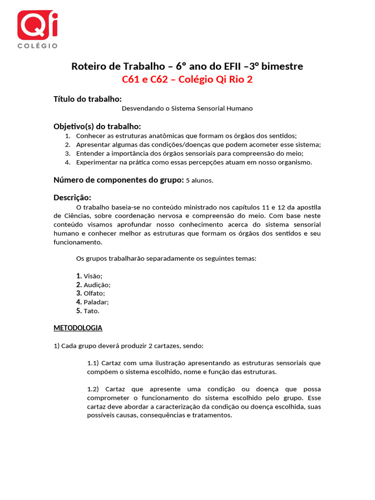 Roteiro Trabalho 6aoano EFII CiAancias3AobimestreC6162 Rio2 | PDF