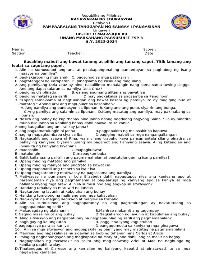 Esp 8 1ST Quarter Malasiqui Ii | PDF
