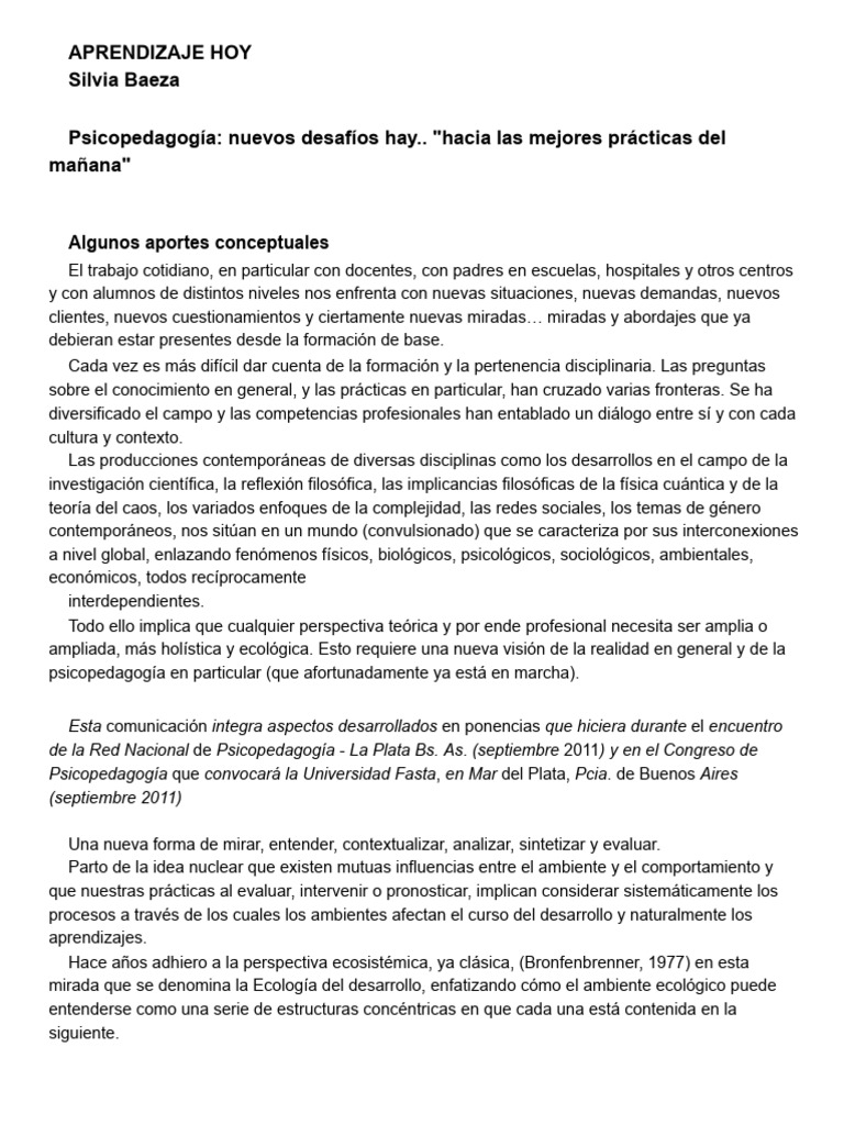 Psicopedagogia, Hacia Las Mejores Practicas Del Mañana. Silvia Baeza | PDF