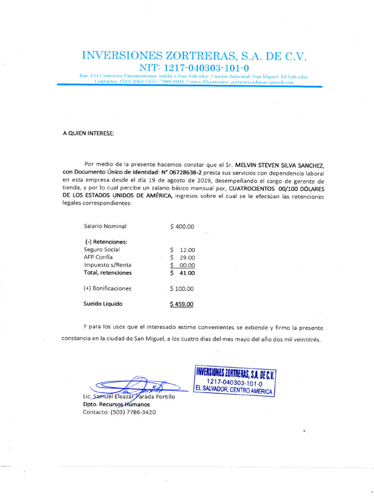 Constancia de Salarios-Melvin Silva 3 | PDF