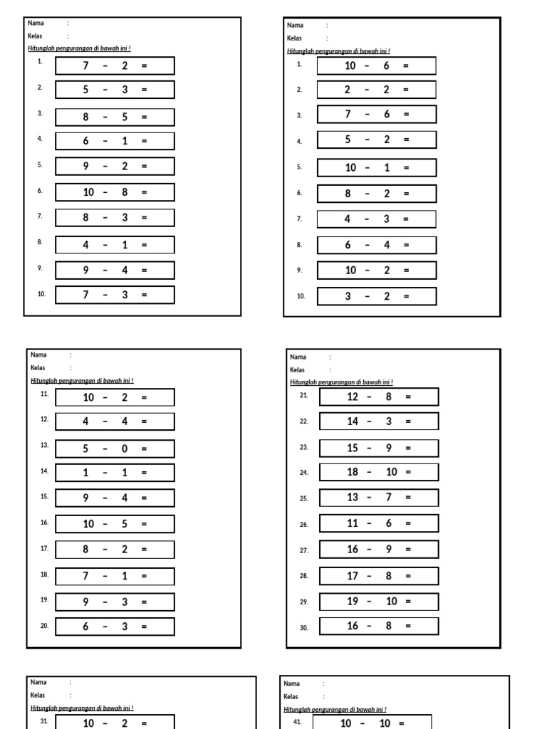 Berhitung Pengurangan TK A | PDF