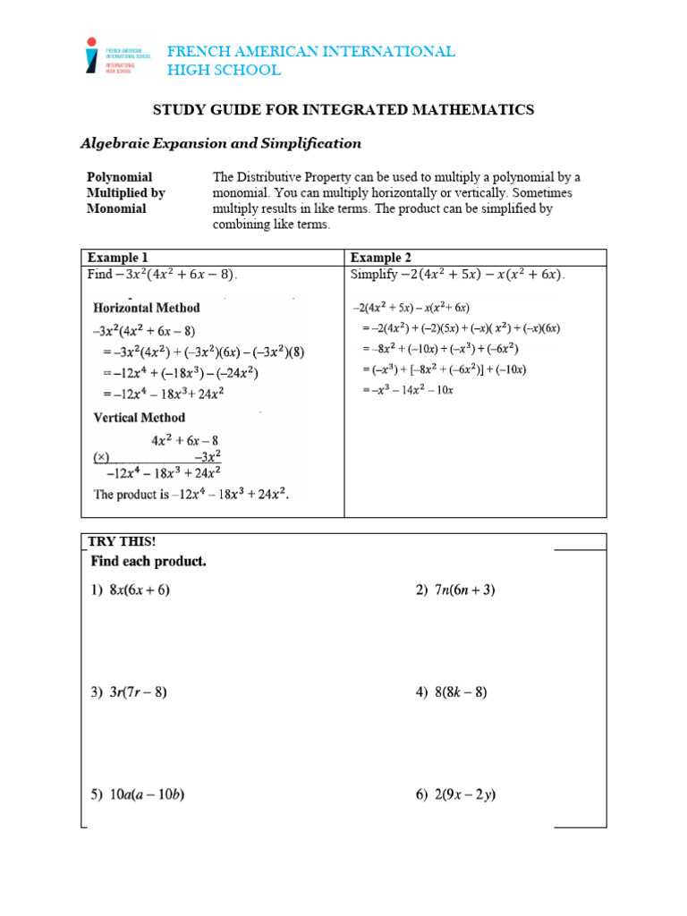 Study Guide Algebraic Expansion and Simplification | PDF | Language Arts & Discipline | Foreign ...