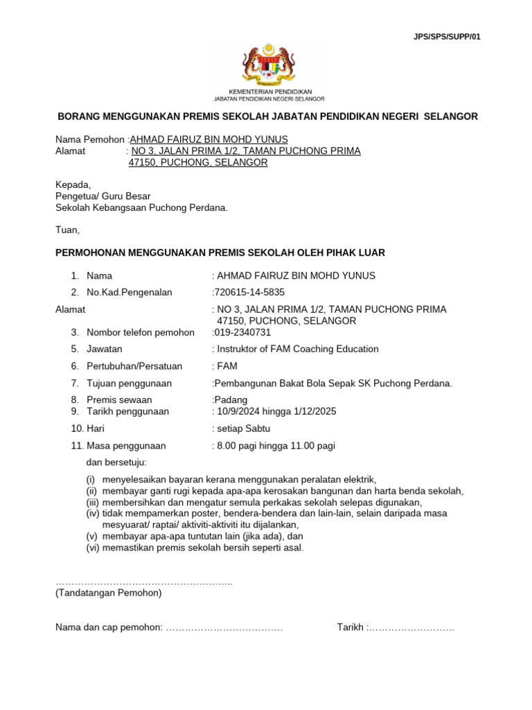 1.BORANG PERMOHONAN PENGGUNAAN PREMIS SEKOLAH Latest | PDF