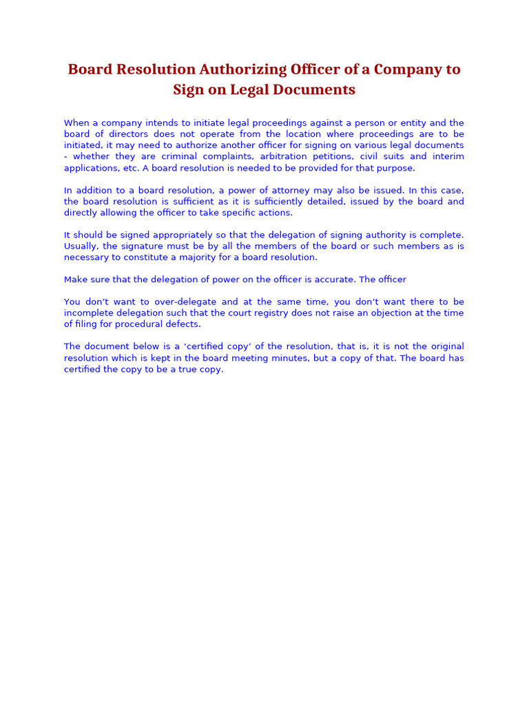 2211735-Board Resolution Authorizing Officer To Sign On Legal Documents ...