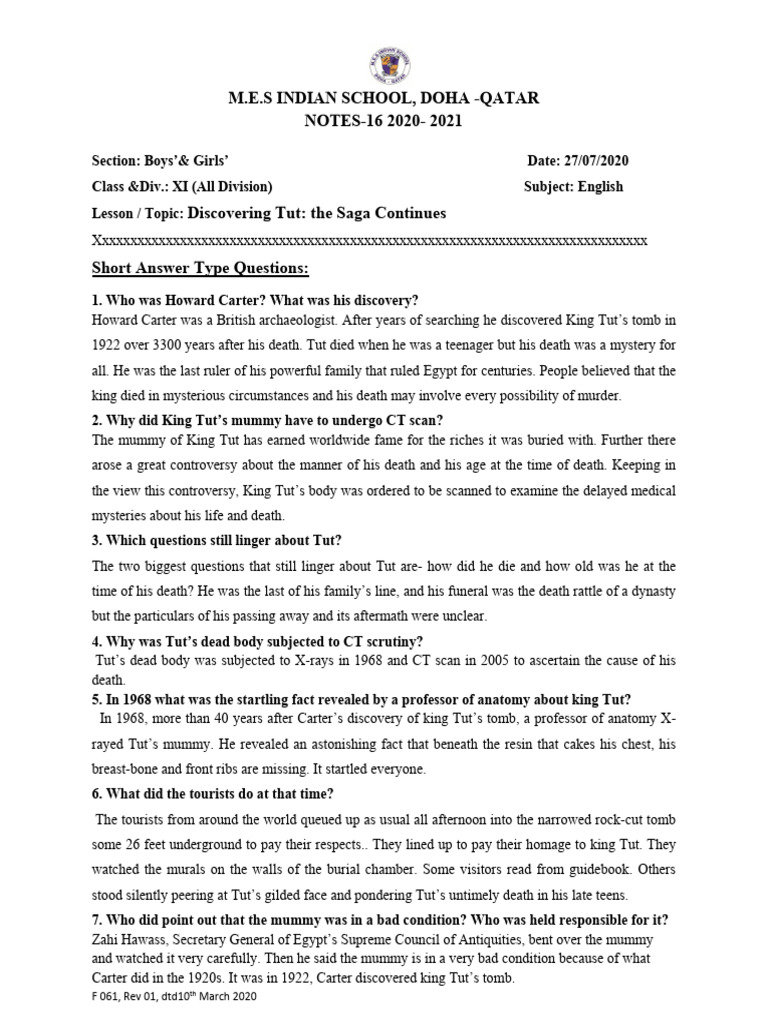 English Notes Class Xi Discovering Tut The Saga Continues Pdf 5779