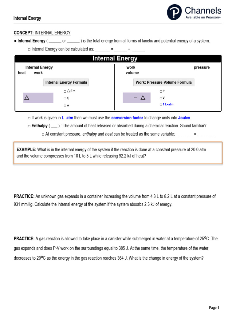 Internal Energy-Worksheet | PDF