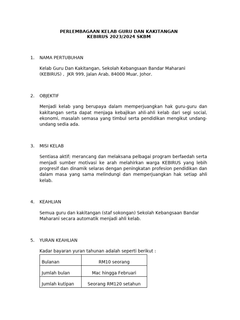 PERLEMBAGAAN KELAB GURU DAN KAKITANGAN 2023-2024 (Terkini) | PDF