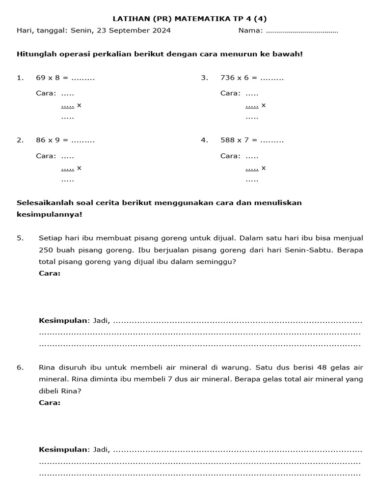 TP 4 (4) - PR MTK - PERKALIAN (23 Sept 2024) - KUNCI JAWABAN | PDF