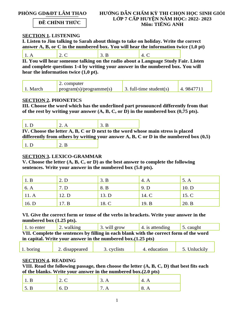 hsg anh 7 huyện 22-23 DAP AN lam thao | PDF
