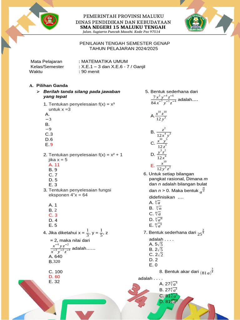 SOAL PTS MATEK UMUM X.E.1-3 Dan 6-7 K.13 GANJIL 2024-2025 | PDF