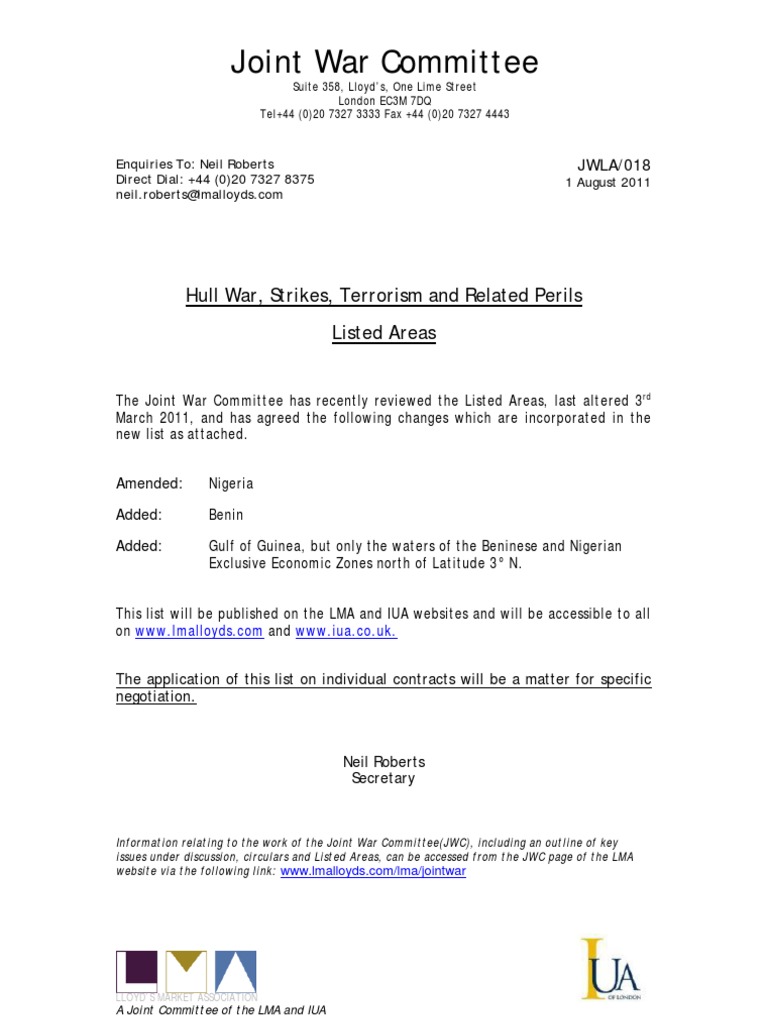 JWLA18 Hull War Strikes Terrorism and Related Perils Listed Areas ...