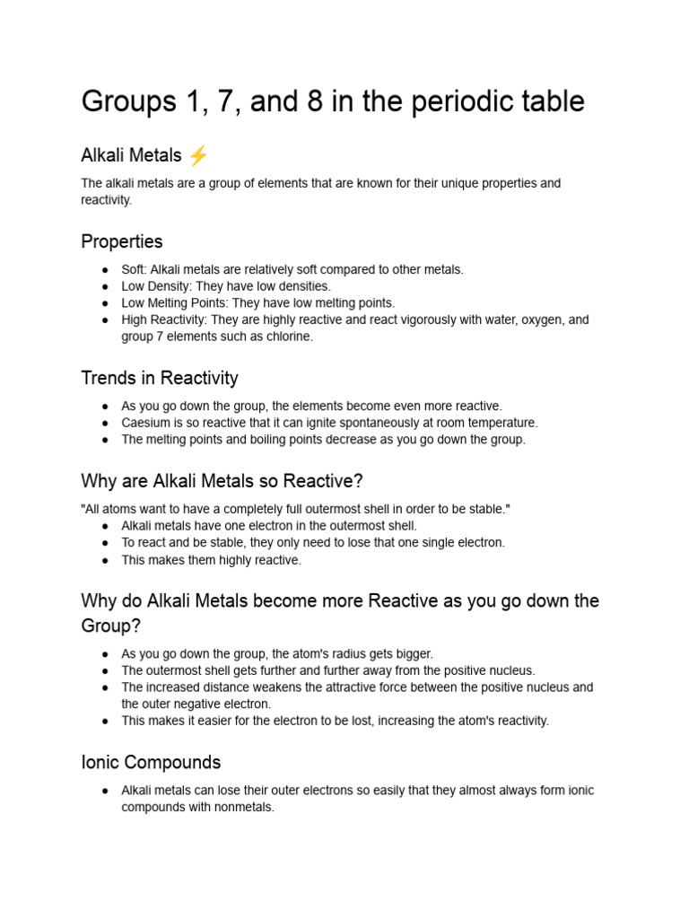 Groups 1, 7, and 8 in The Periodic Table | PDF