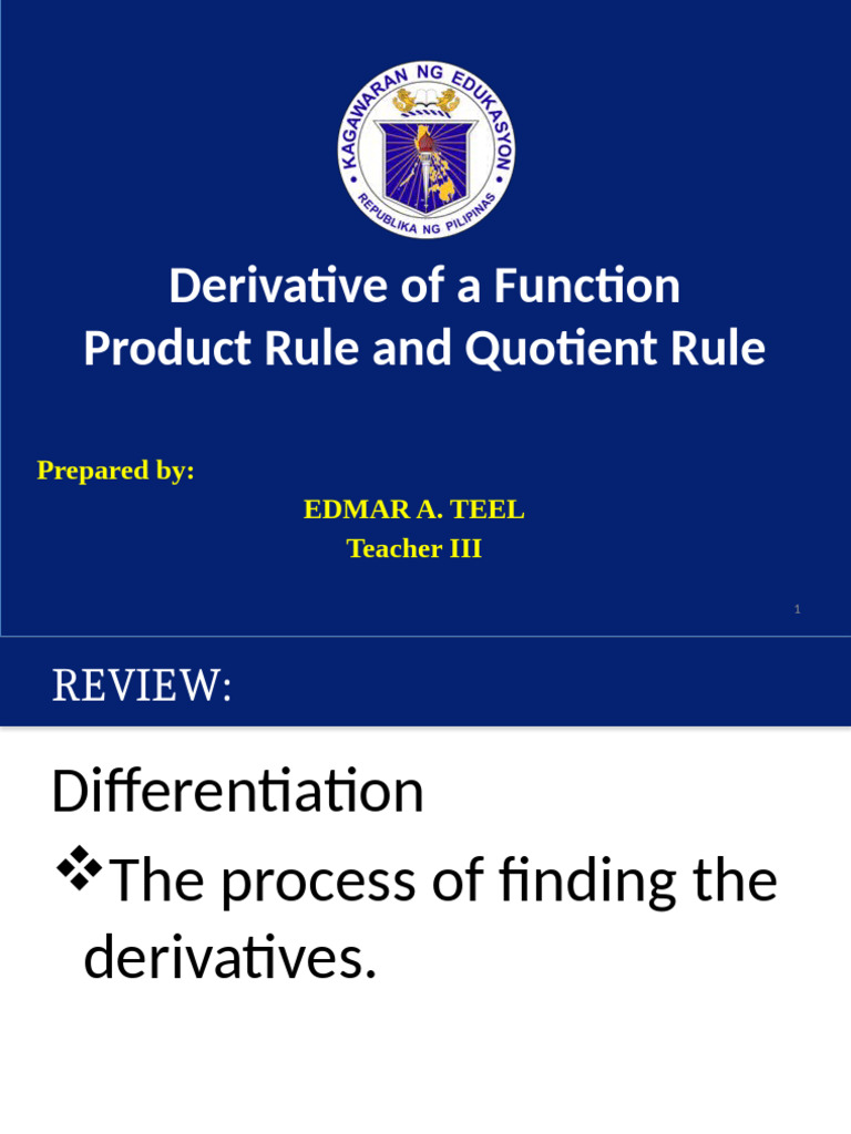 G Quarter4 Finding Derivatives Using Product And Quotient Rule Pdf 4873