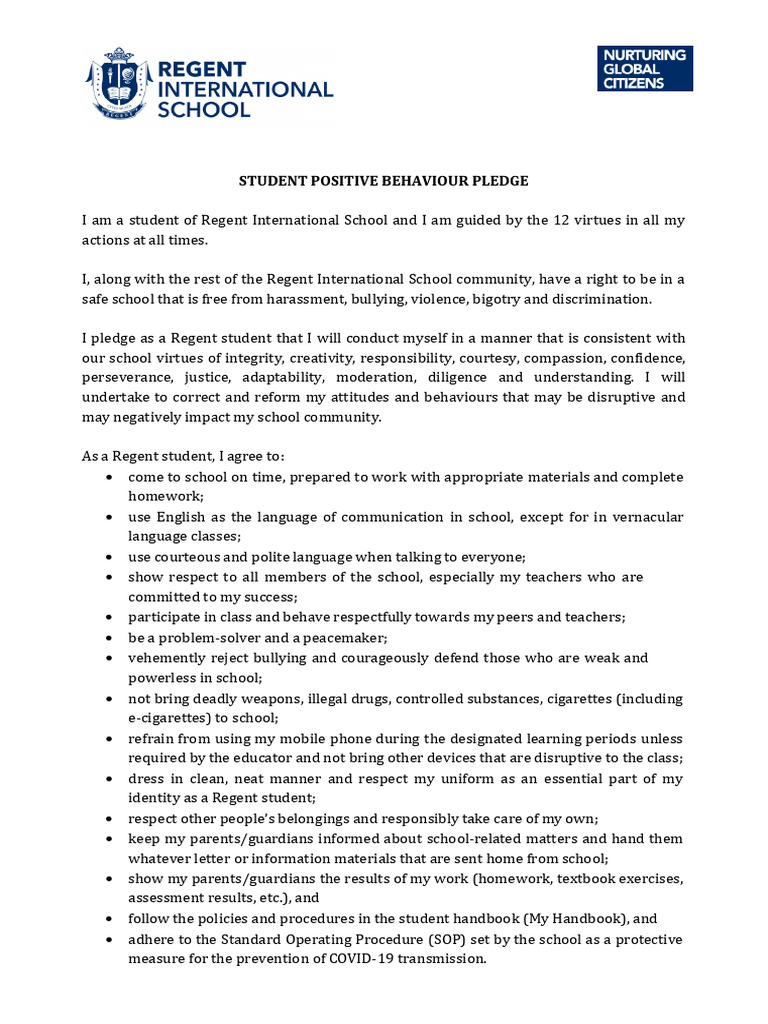Ay2024-2025 Student Positive Behaviour Pledge | PDF