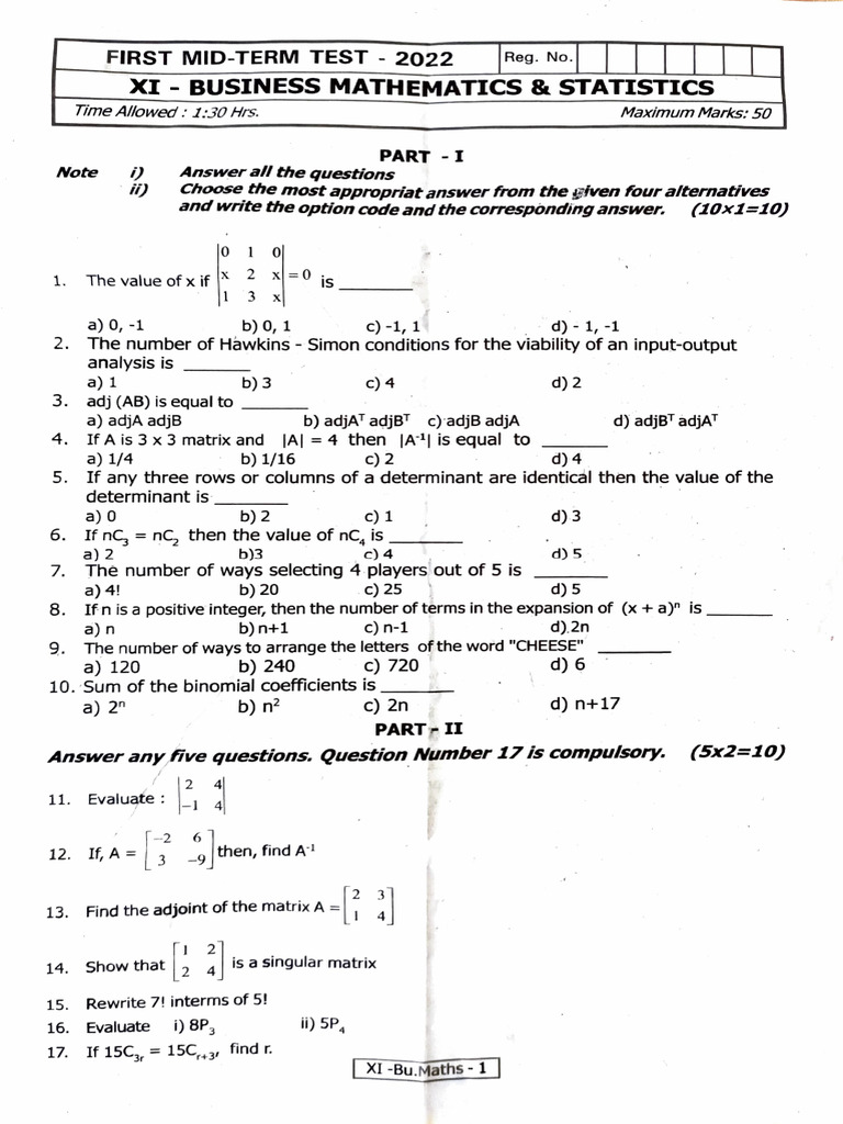 11th Business Maths EM 1st Mid Term Exam 2022 2023 Question Paper With Answer Key Trichy ...