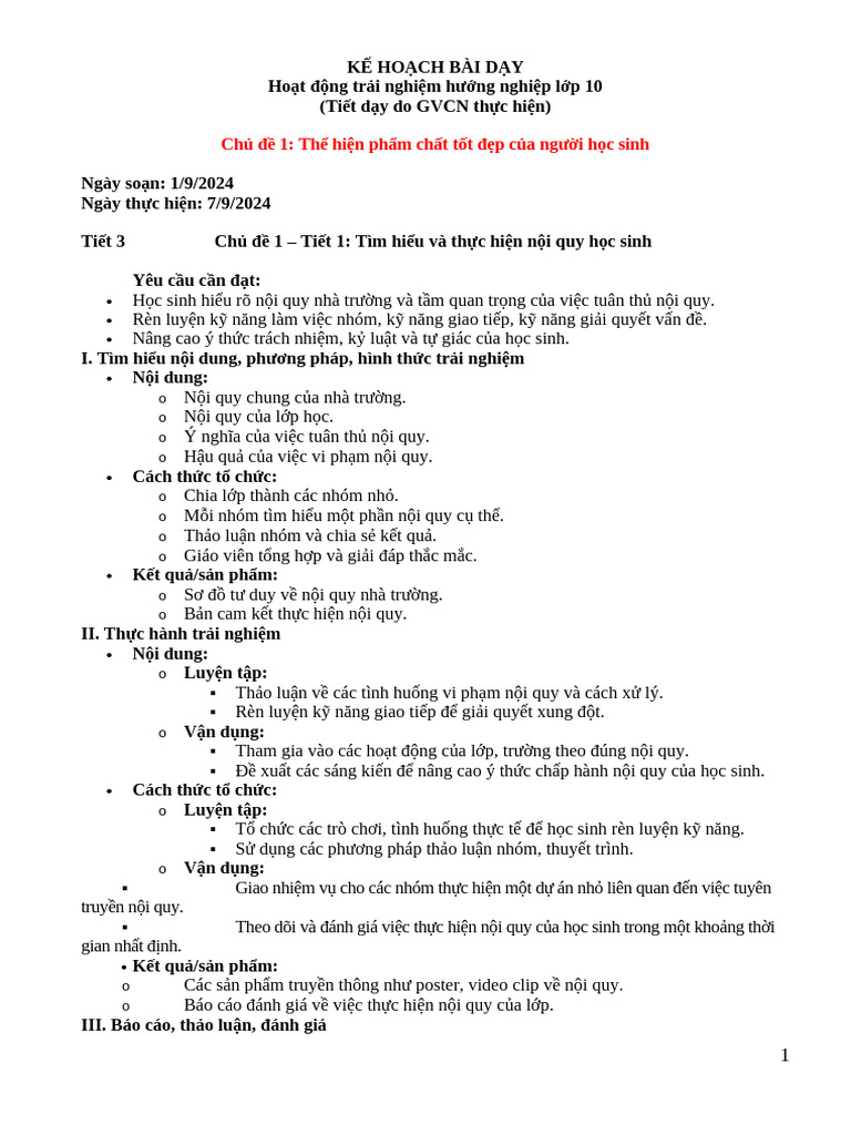 KHBD THÁNG 9 khối 10 | PDF