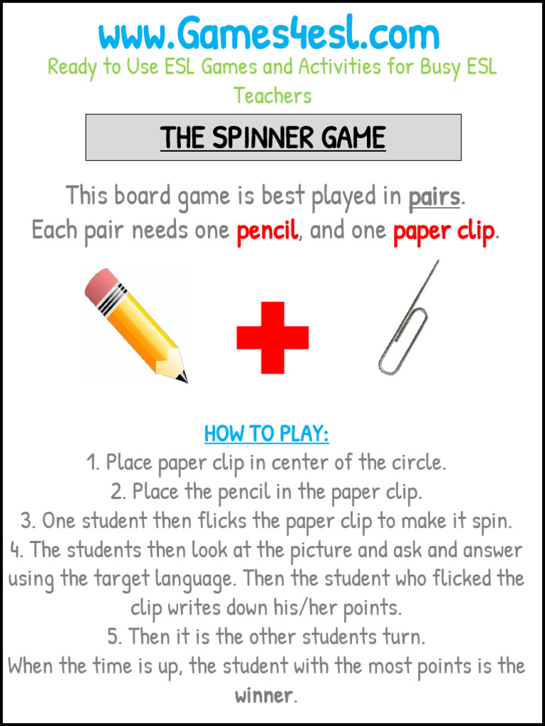 ESL Boardgame School Subjects Spinner Game | PDF