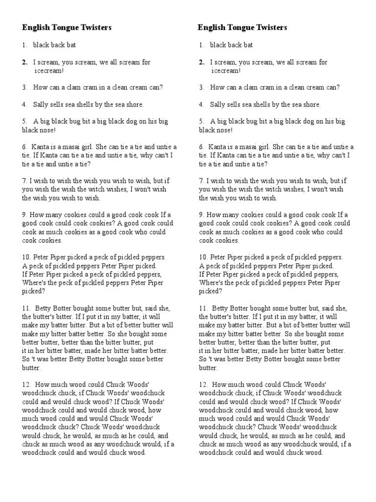 English Tongue Twisters | PDF