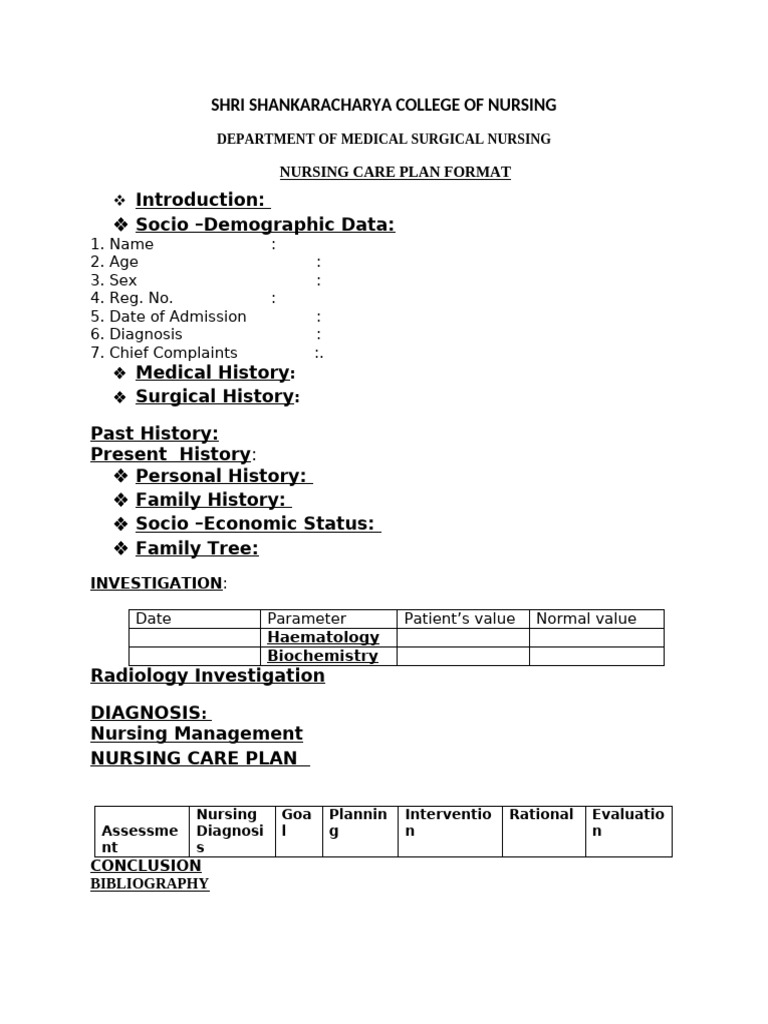Nursing Care Plan Format BSC Nursing | PDF