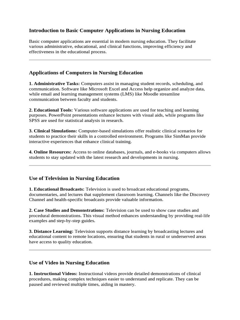 11 Basic Computer Application Use of Televisison and Video in Nursing | PDF