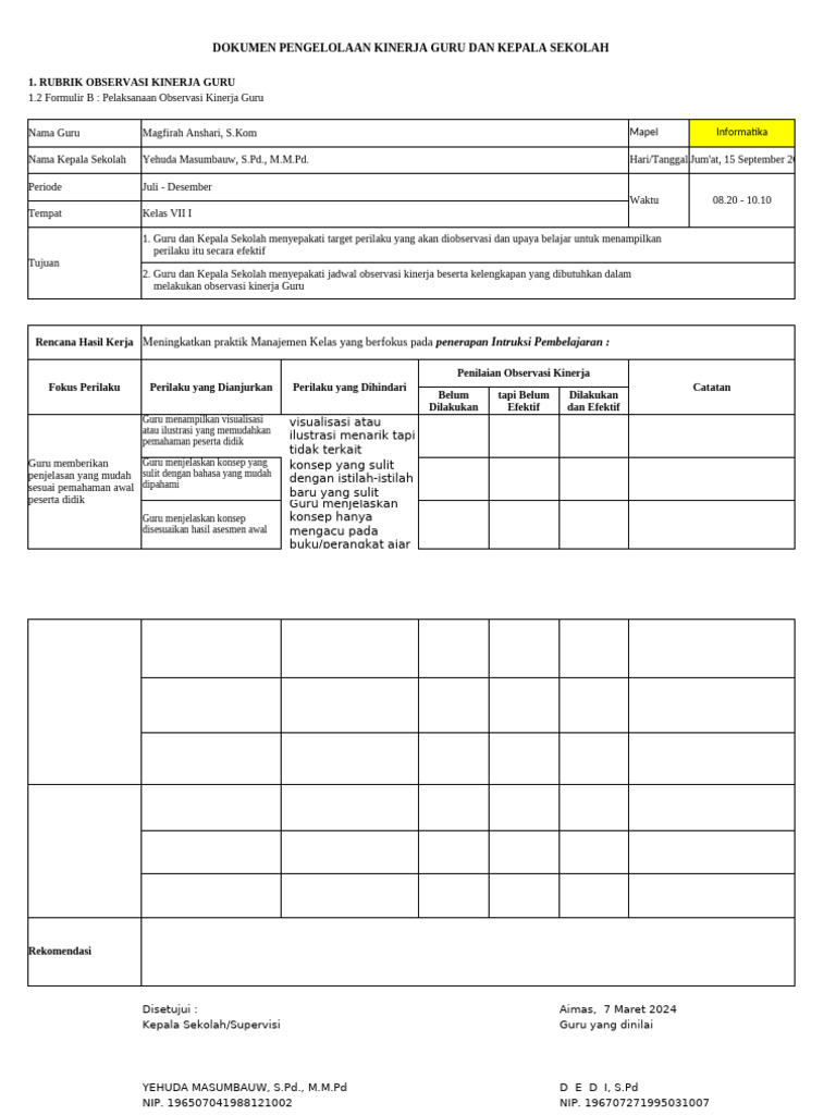 Form Observasi Penerapan Disiplin B2 | PDF