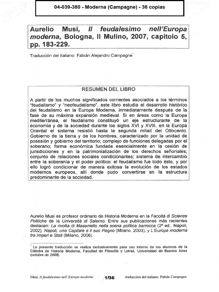 Musi - Il Feudalesimo Nell Europa Moderna. Cap 5, Traducción | PDF