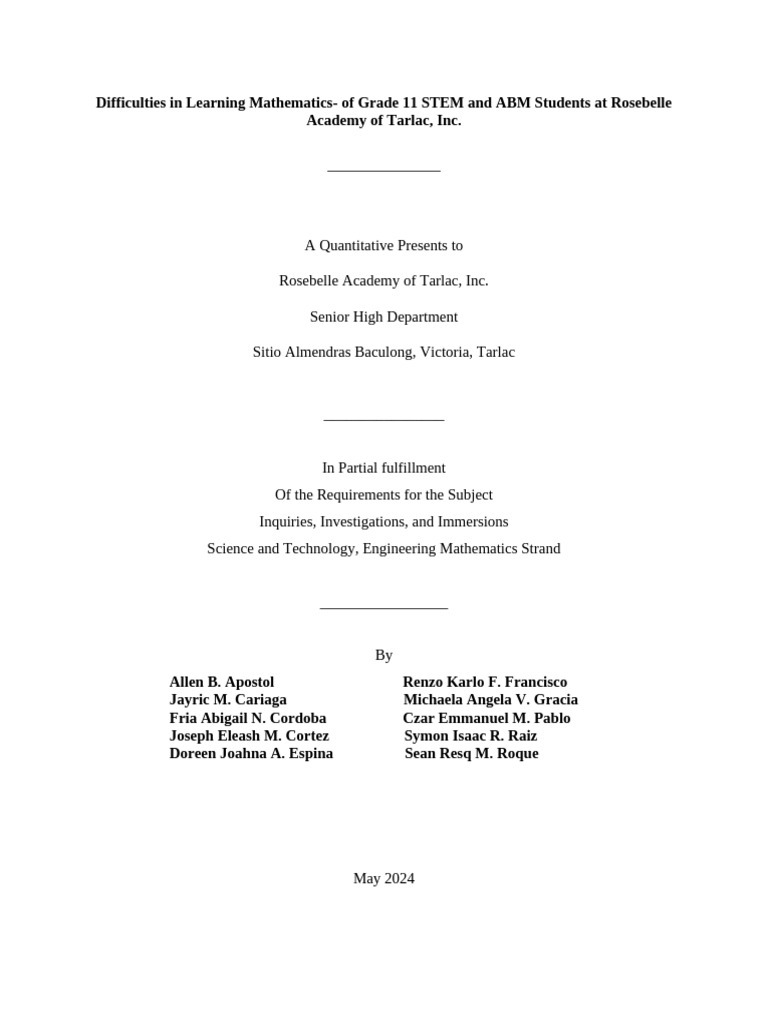 Difficulties in Learning Mathematics of Grade 11 STEM and ABM Students ...