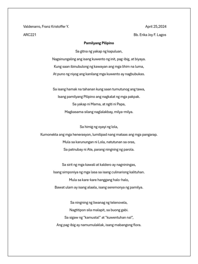 Pamilyang Pilipino: Isang Tula ng Pag-ibig | PDF