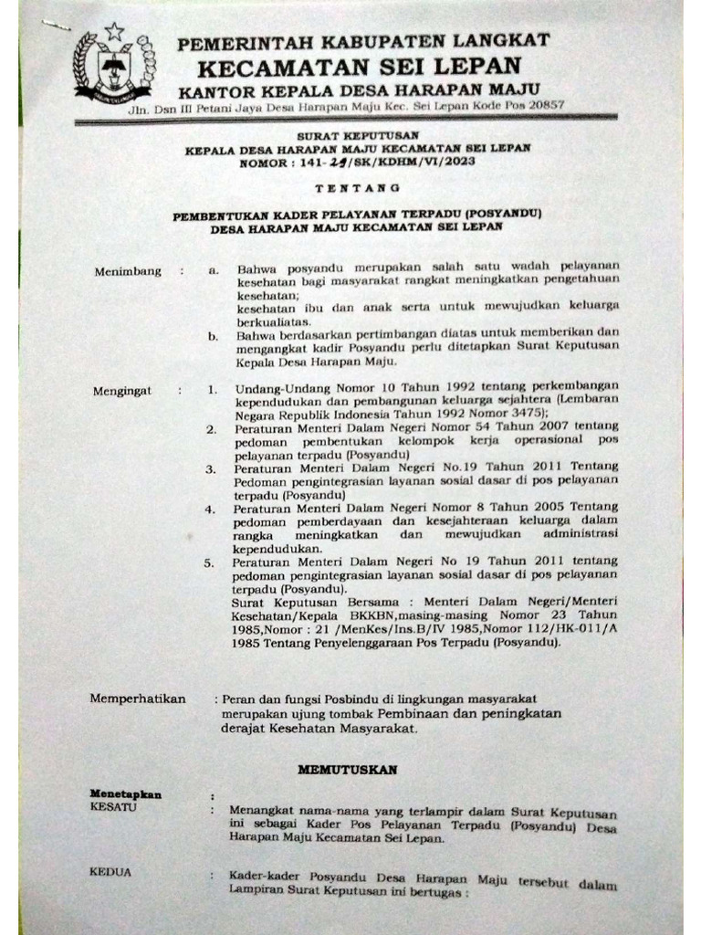 SK Kader POSYANDU Polindes Harapan Maju | PDF