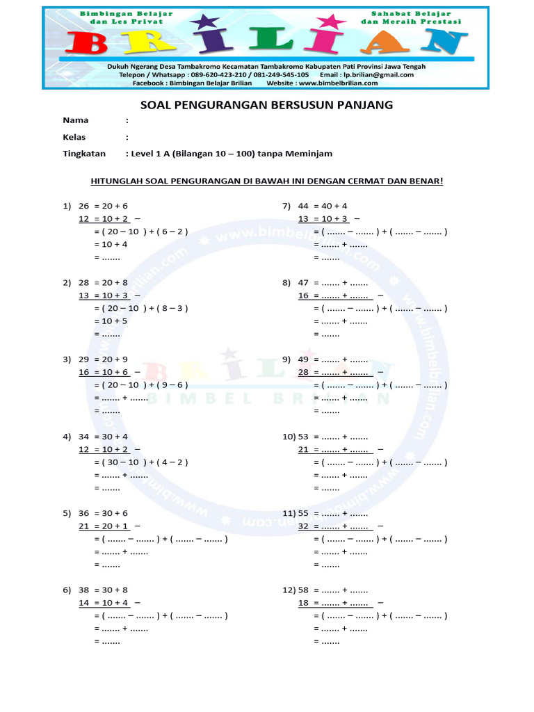 Soal Pengurangan Bersusun Panjang Level 1 Lembar A | PDF