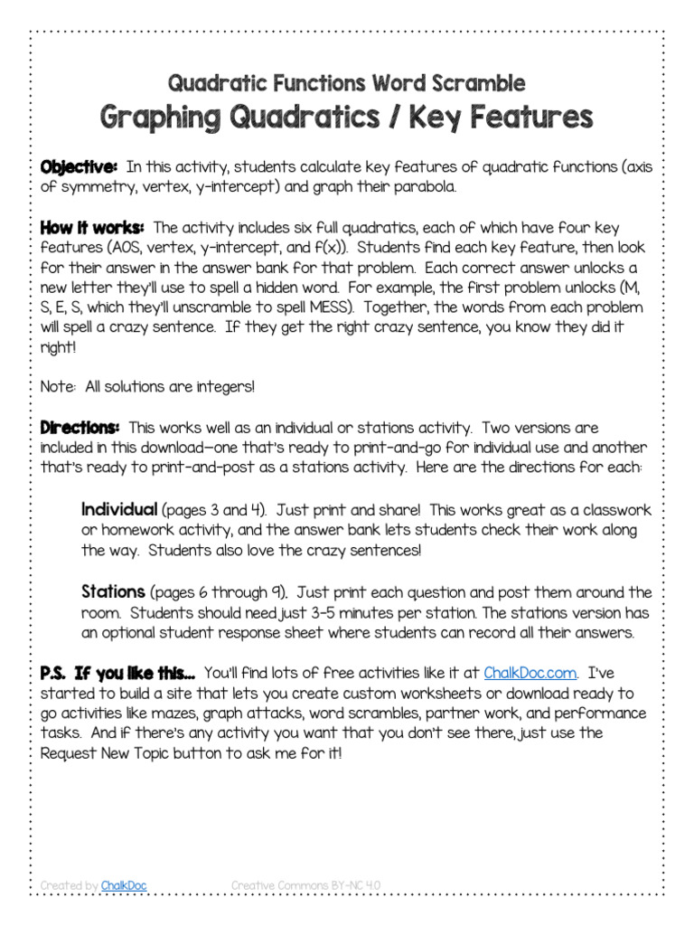 Graphing Quadratics / Key Features: Quadratic Functions Word Scramble | PDF