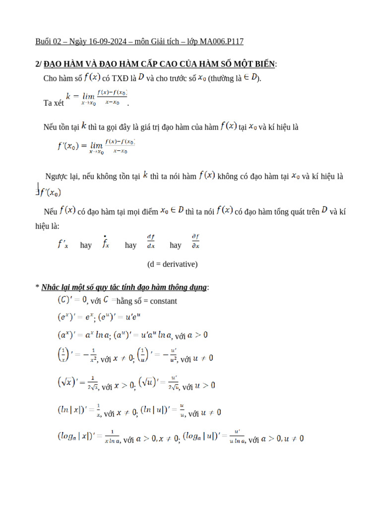Buoi 02 - Ngay 16-09-2024 - Mon Giai Tich - Lop MA006.P117 | PDF