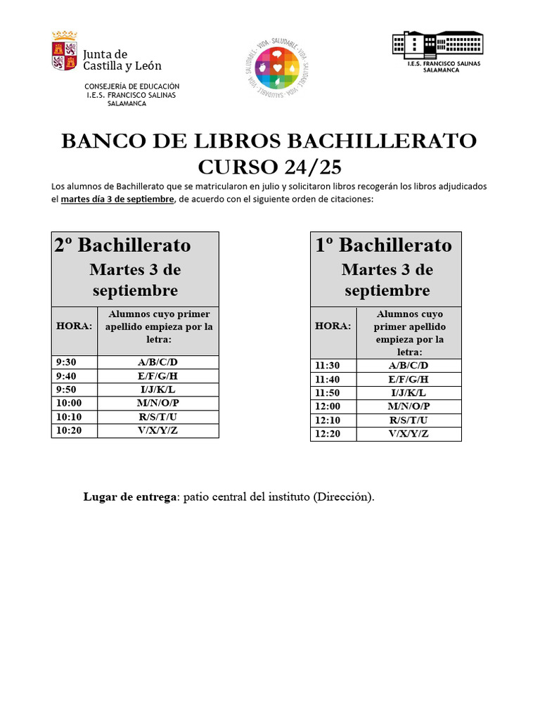 Dia y Hora Entrega Banco Libros Bachillerato Sept 24-25 | PDF