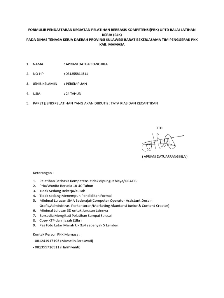 Formulir Pendaftaran PBK - Apriani D. Kila | PDF