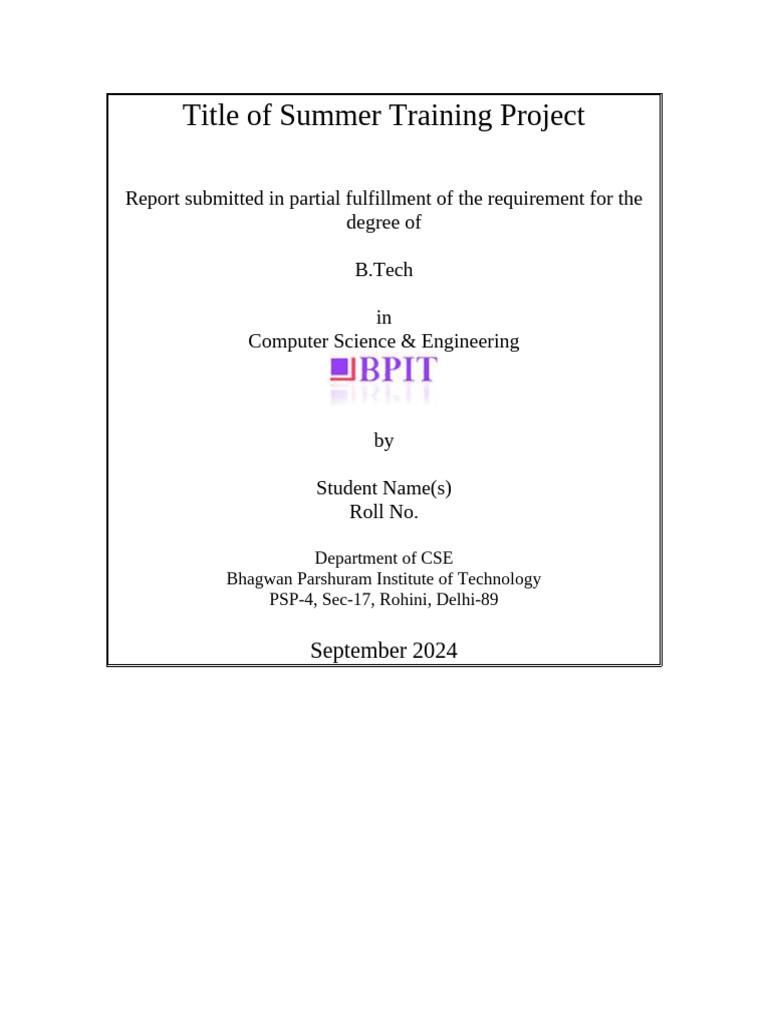 Summer Training Project Report Format - Cse | PDF