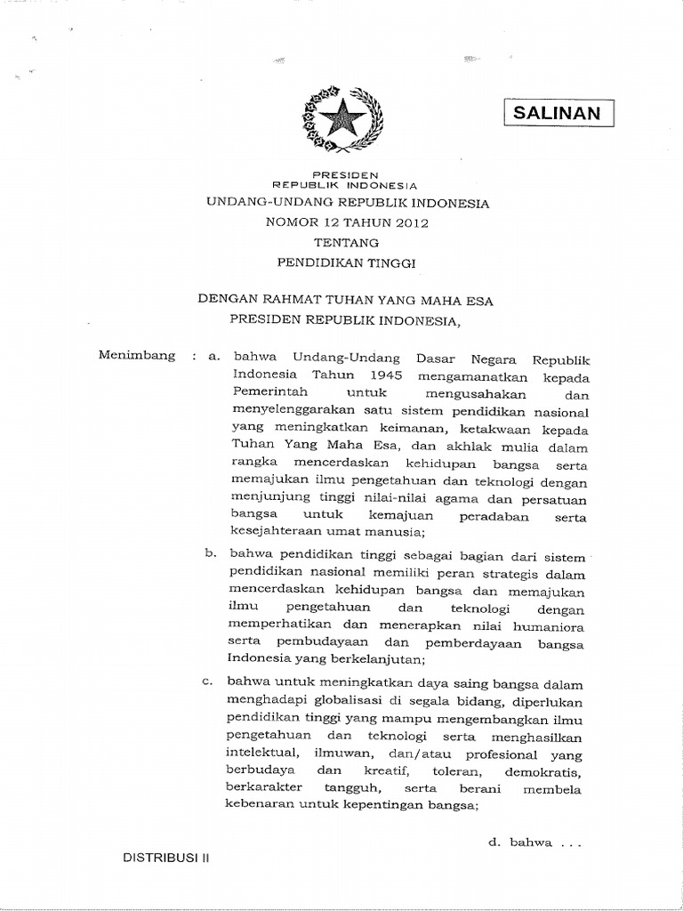 UU - 12 - 2012 Tentang Pentingnya Penyelenggaraan Pendidikan Pancasila | PDF