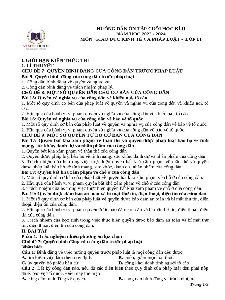 Hướng Dẫn Ôn Tập Cuôi Hkii | PDF