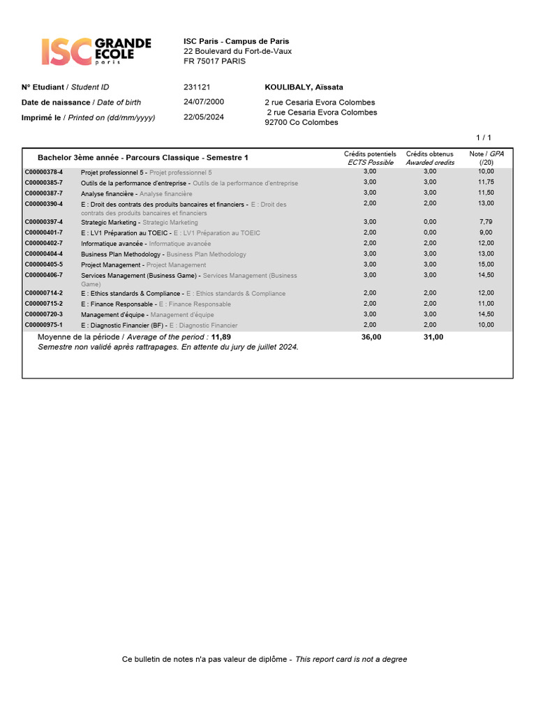 Relevé de Notes | PDF