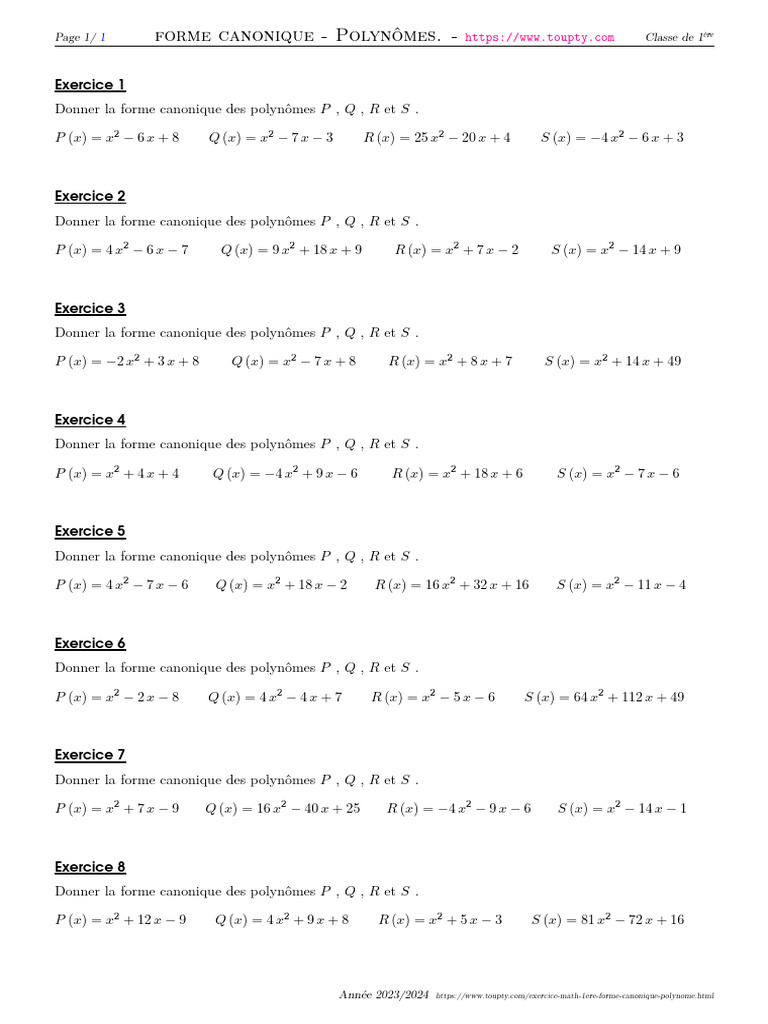 Exercice Forme Canonique Polynome 1ere 9 | PDF