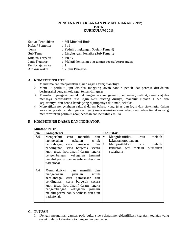 RPP PJOK Kelas 3 Semester 1 Tema 4 | PDF