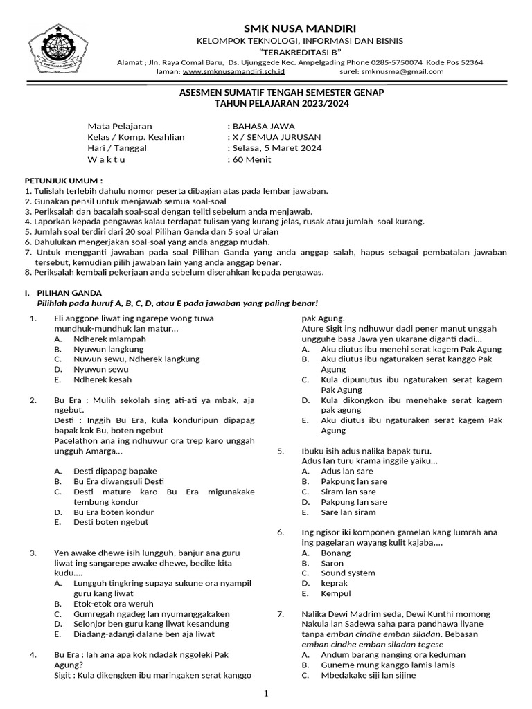 Soal BHS Jawa Asts Genap X | PDF