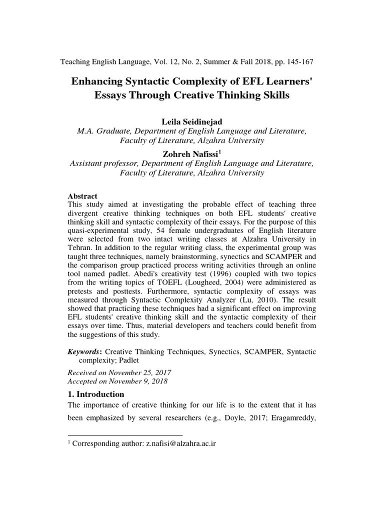 Enhancing Syntactic Complexity of EFL Learners' Essays Through Creative Thinking Skills | PDF