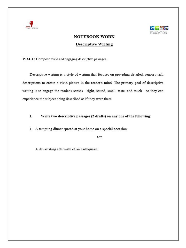 Notebook Work - Descriptive Writing | PDF