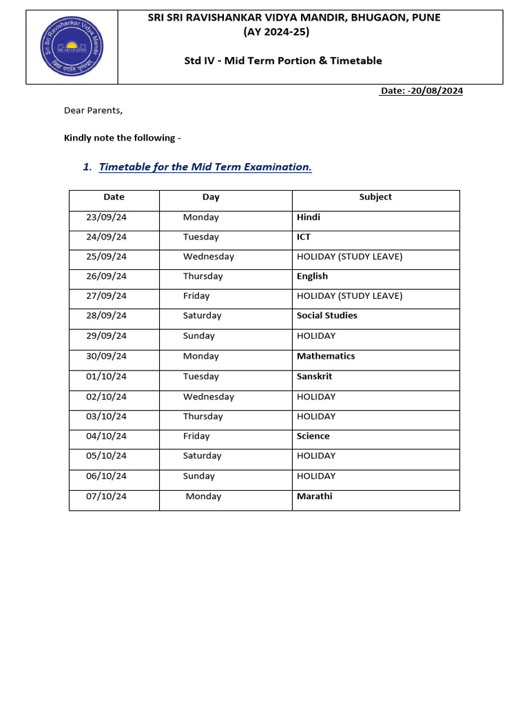STD IV Mid Term Portion & Timetable 2024-25 | PDF