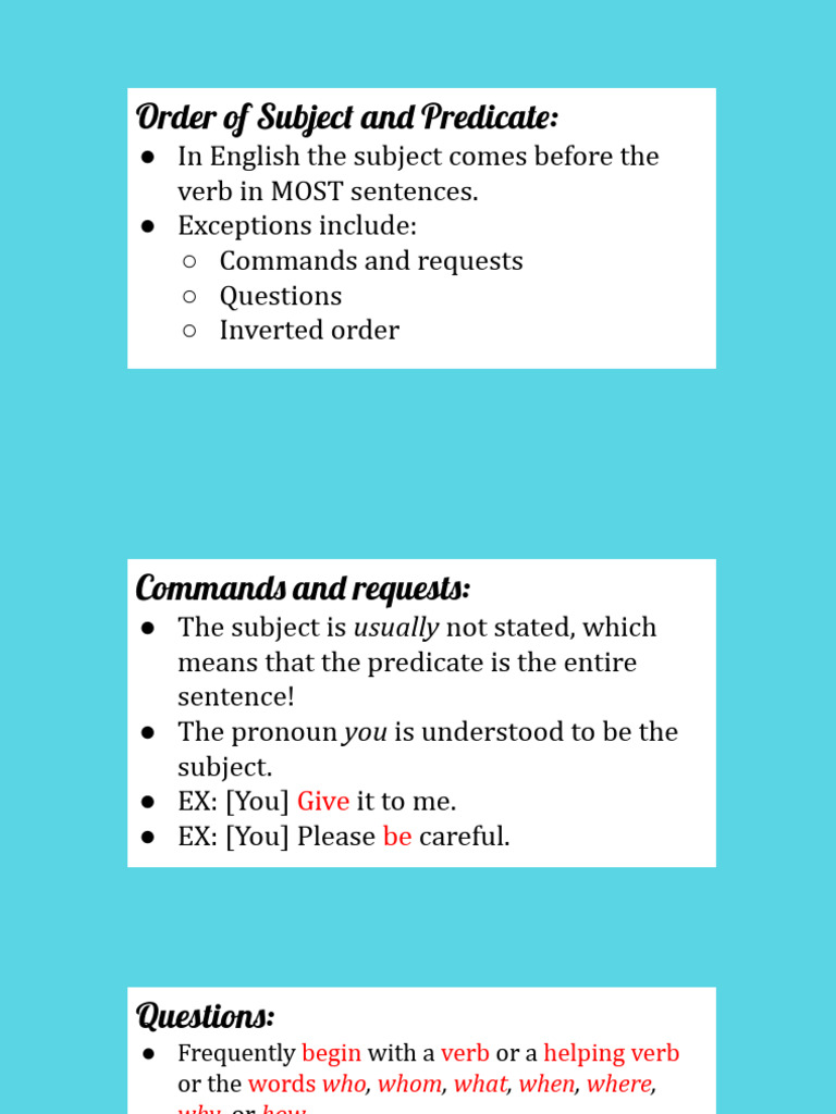 Grammar Notes - Order of Subject - Predicate | PDF