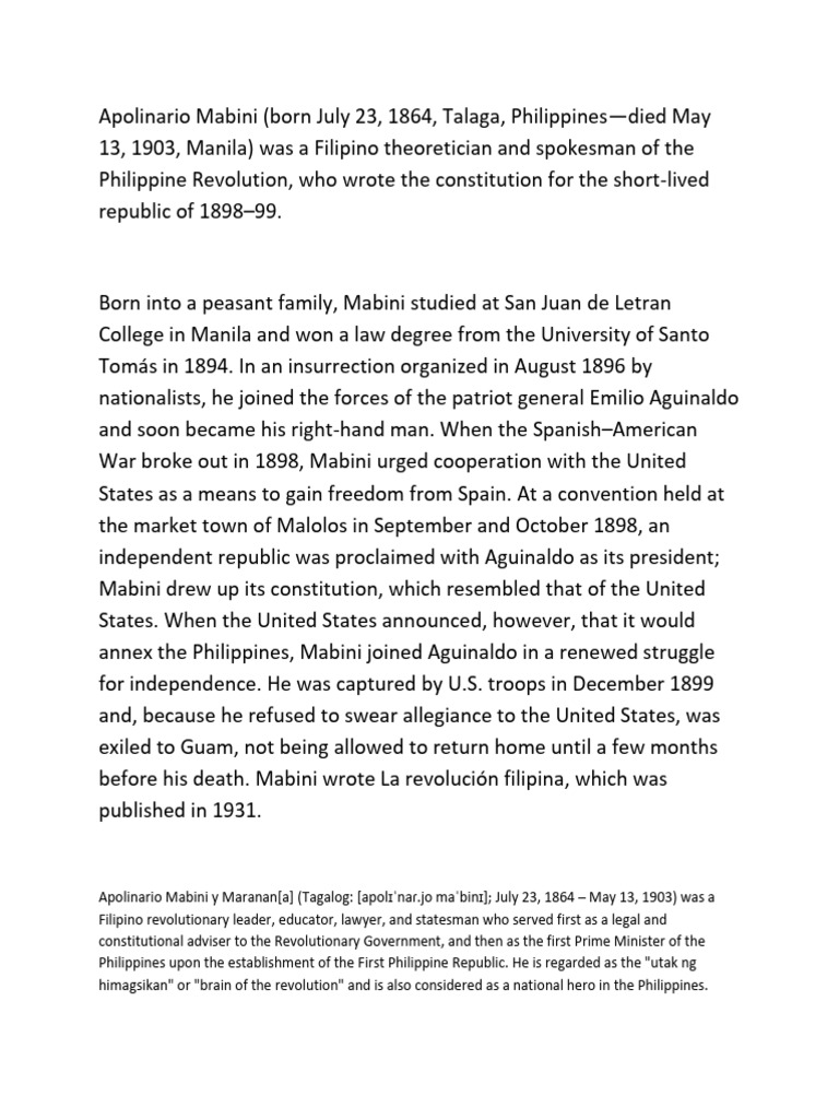Apolinario Mabini: Life and Legacy | PDF | Philippines