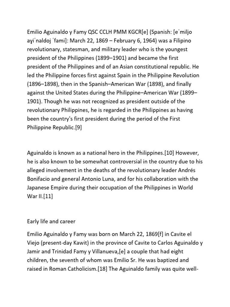 First President of Philippines - Life and Works of Aguinaldo | PDF ...