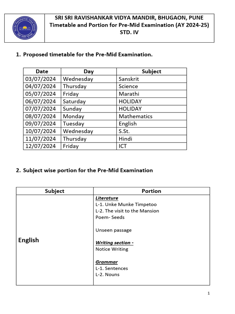 STD IV-Pre Mid Portion & Timetable 2024-25 | PDF