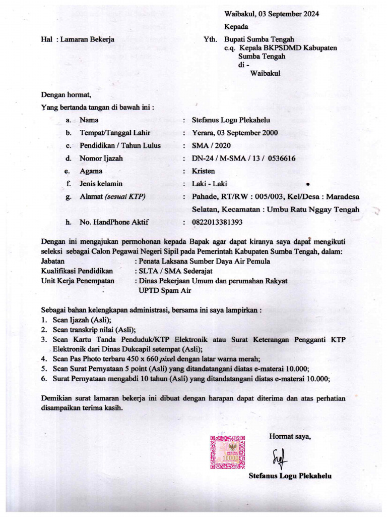 Surat Lamaran Pak Panus | PDF