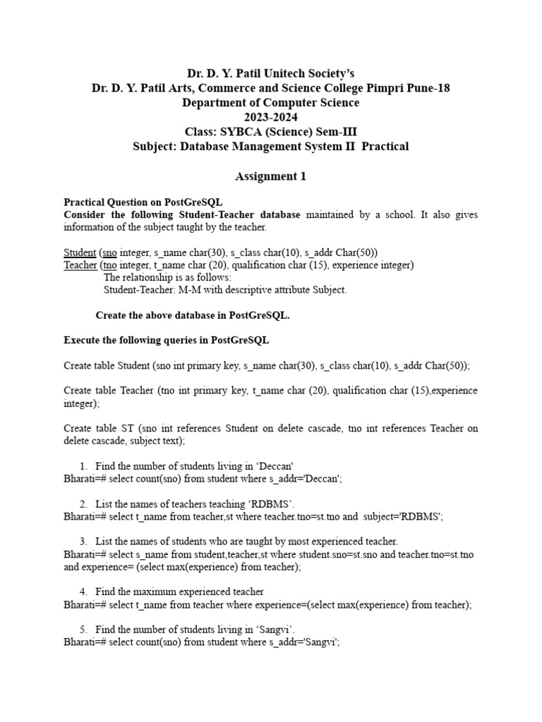 Practical - Assignment 1 - Student - Teacher - Database | PDF